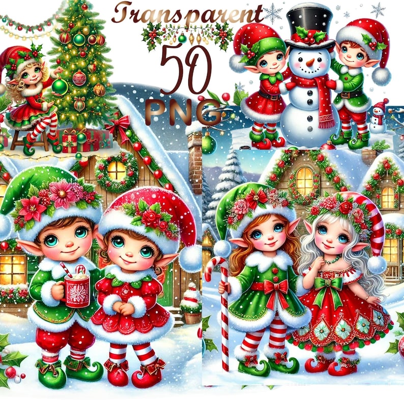 50 PNG, Christmas Elves Clipart Bundle, Cute Christmas Elves, Festive ...