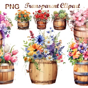 24 Watercolor Floral Barrel Clipart, Barrel Png,rustic Flower Barrels ...