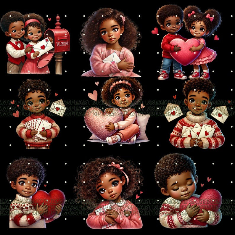 Afro American Valentine Kids Clipart Bundle, 93 PNG Cute Boys and Girls ...