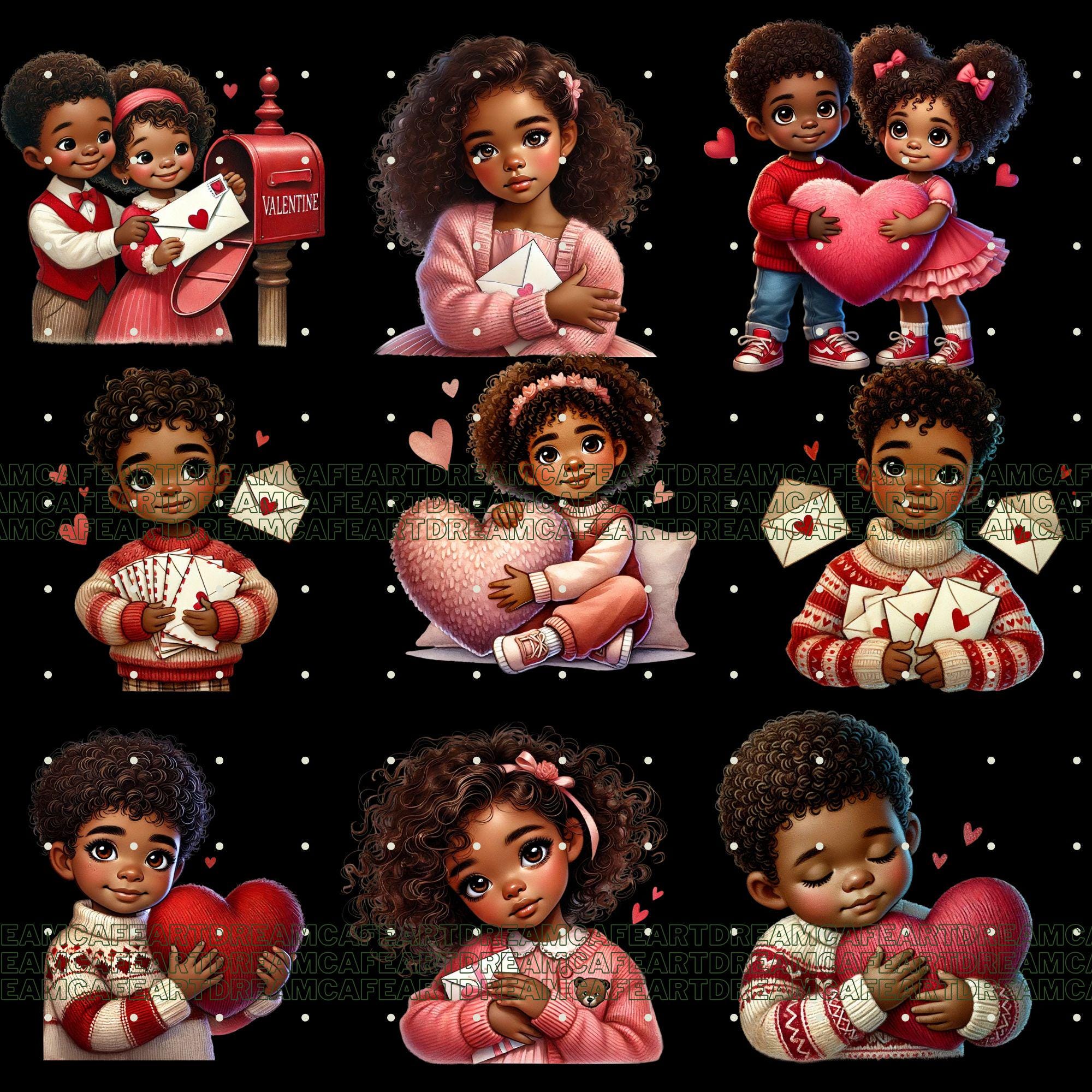 Afro American Valentine Kids Clipart Bundle, 93 PNG Cute Boys and Girls ...