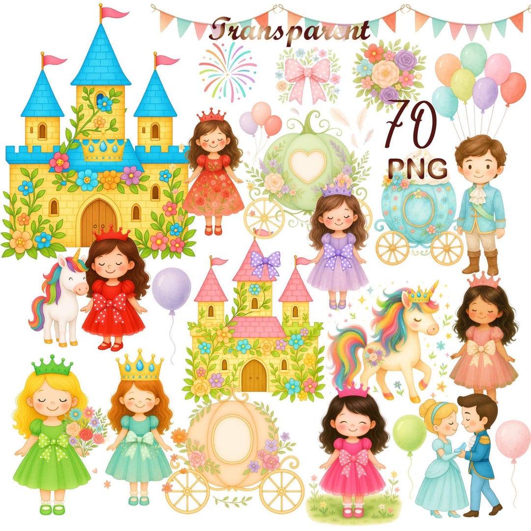 70 PNG Pastel Watercolor Cute Princess Clipart Bundle, Whimsical ...