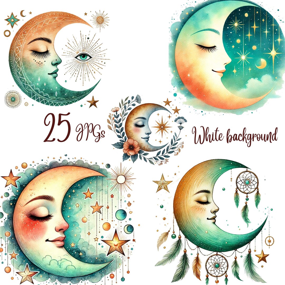 25 JPG Watercolor Boho Moon Clipart Bundle, Watercolor Mystical Floral ...