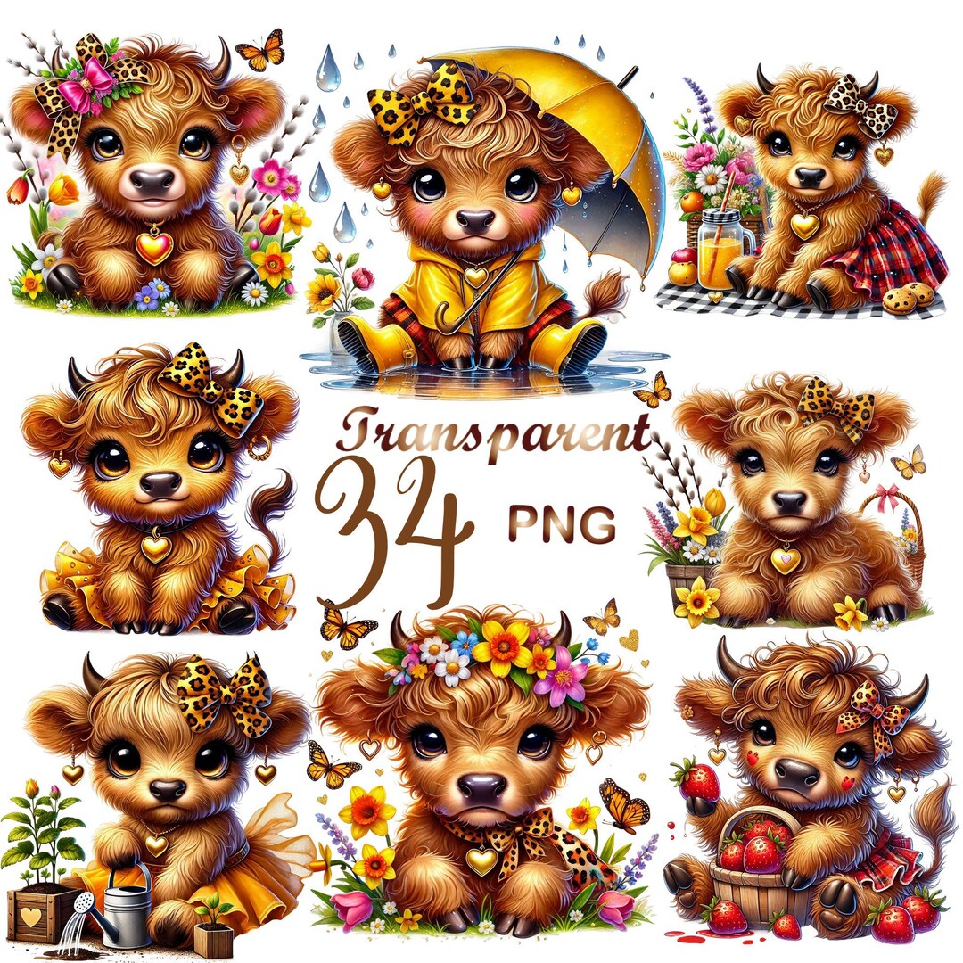 Spring Highland Cow Clipart 34 PNG – Baby Calf Pngs With Flowers, Bunny ...
