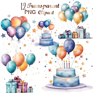 11 PNG. Watercolor Birthday Clipart, Happy Birthday Bundl, Balloons ...