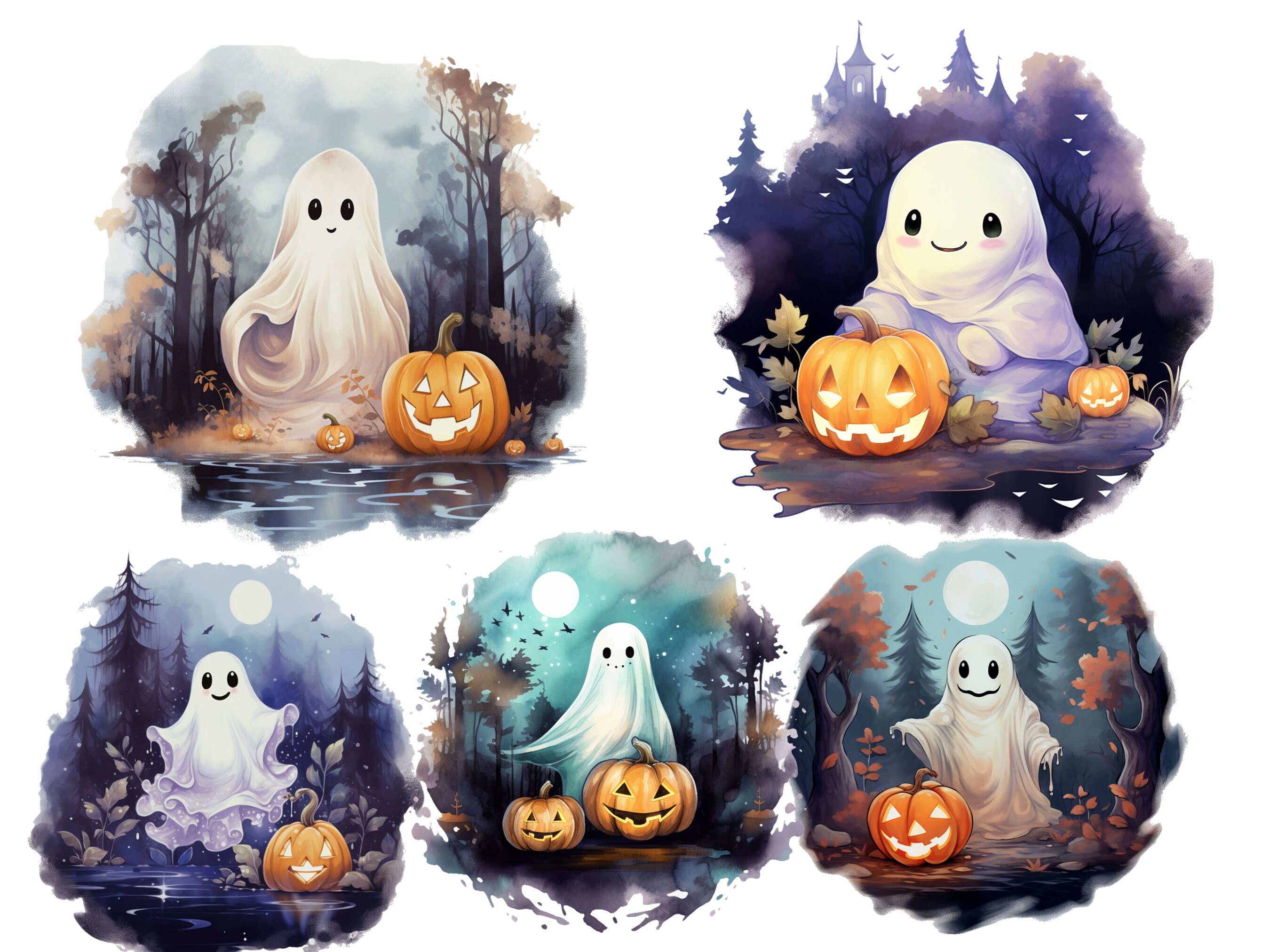 Watercolor Ghost Clipart PNG, Halloween Spooky Designs (digital ...