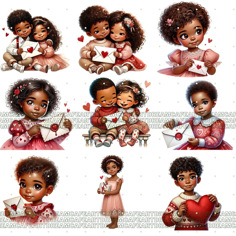 Afro American Valentine Kids Clipart Bundle, 93 PNG Cute Boys and Girls ...