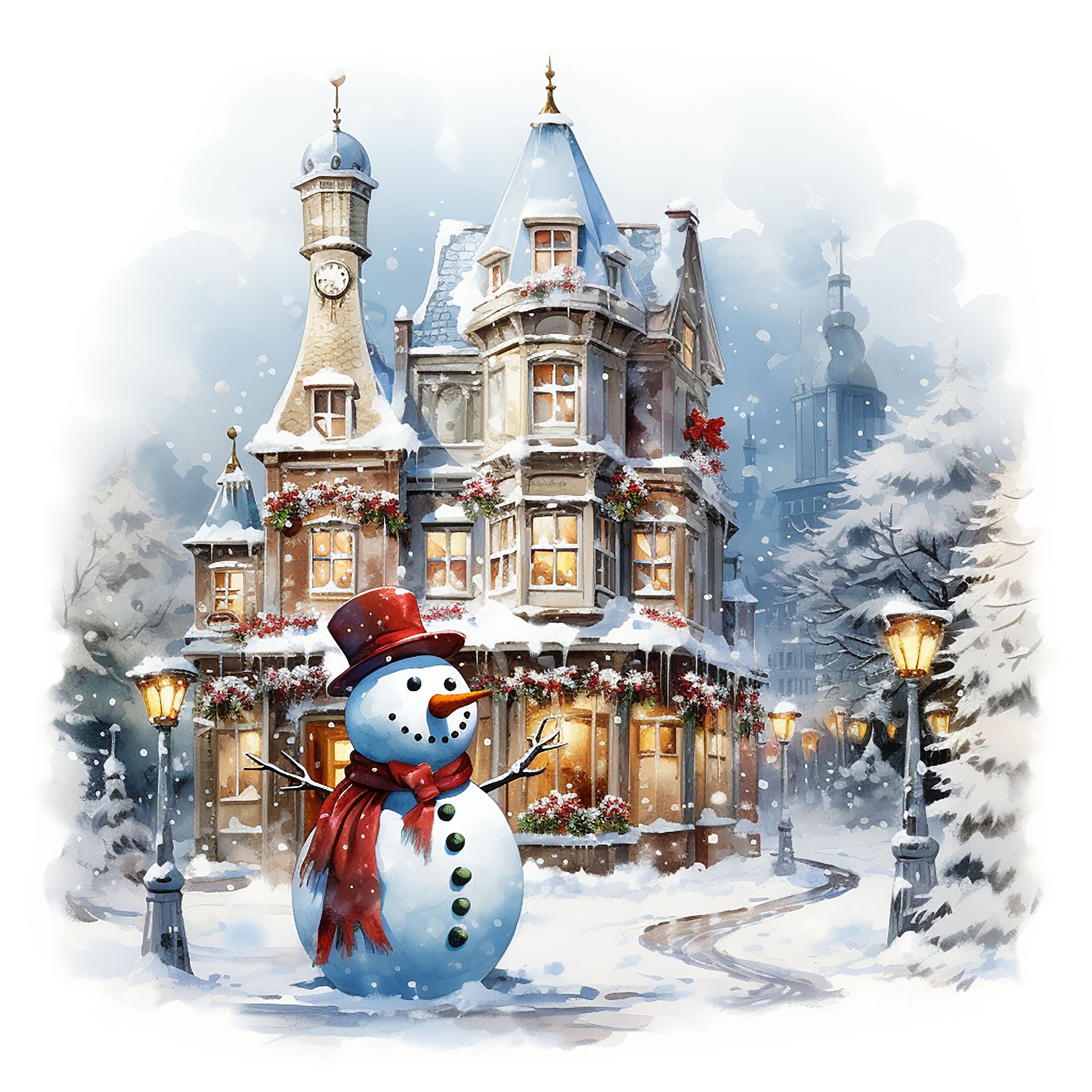 15 Snowman Night Clipart Bundle Jpgs, Watercolor Clipart, Commercial ...