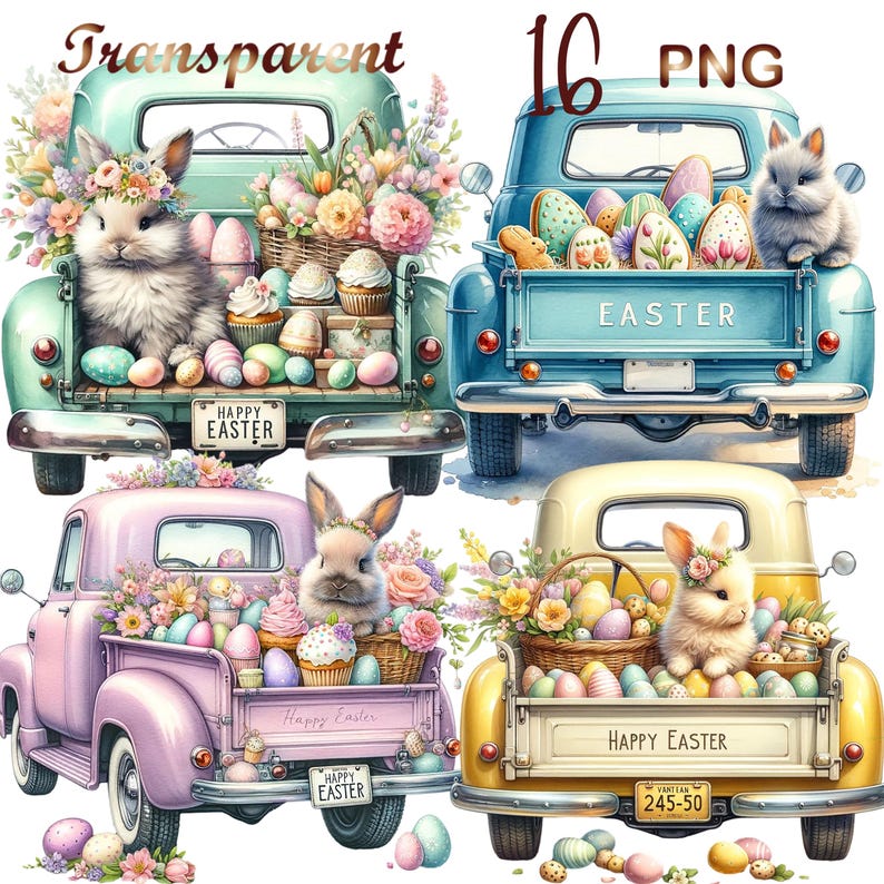 16 PNG Set 2 Easter Bunny Truck Clipart, Easter Truck Clipart, Easter ...