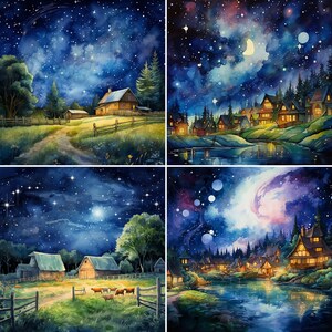 30 Watercolor Magical Night Paper Jpgs, Sky Digital Background, Starry ...