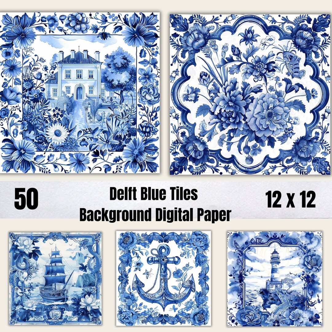 50 Delft Blue Tiles Background Digital Paper Set, Blue Flowers Junk ...