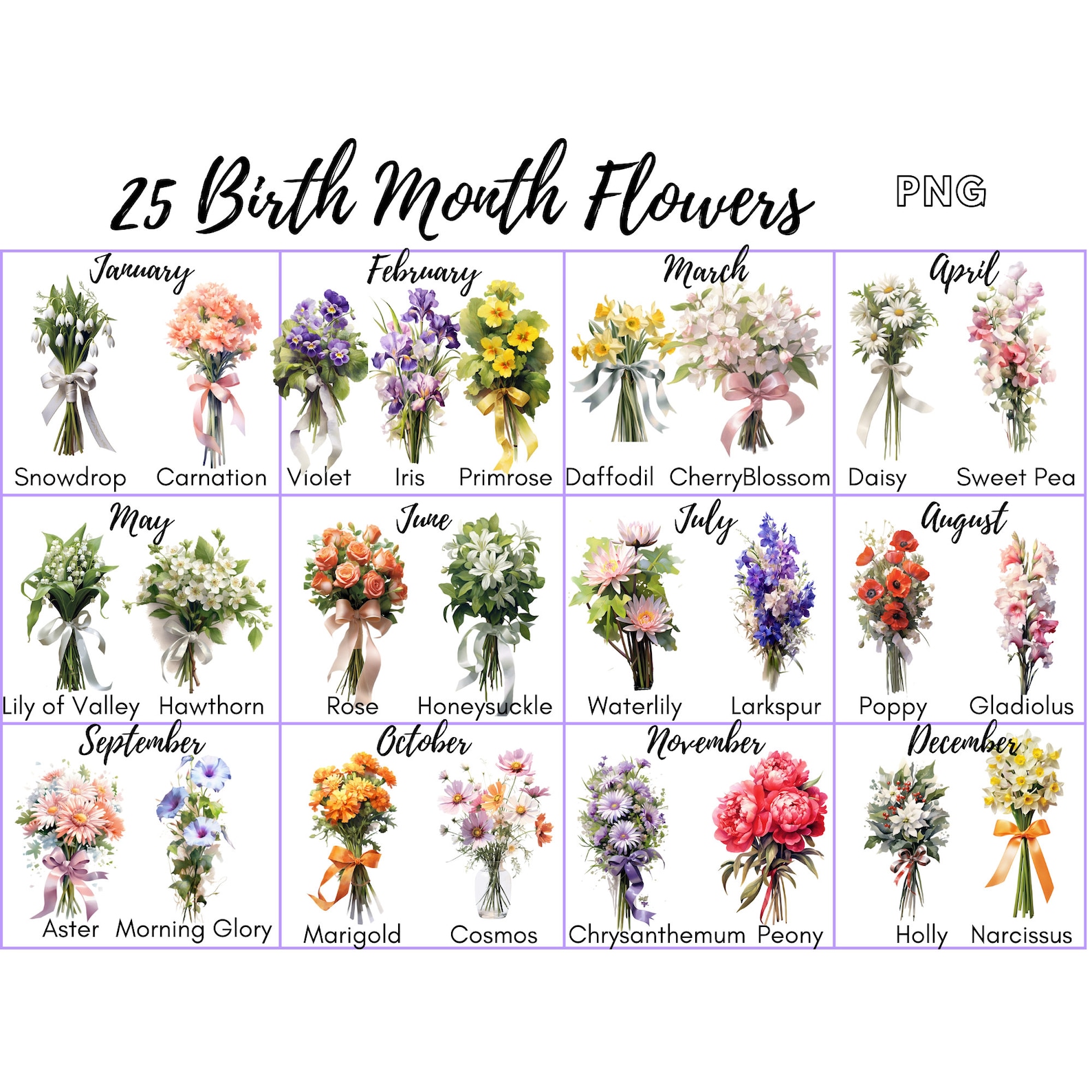 25 Birth Month Flowers Clipart, PNG, Set Watercolor, Watercolor Floral ...