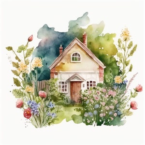 10 Jpgs, Summer Cottages Watercolor Clipart, Digital Planner, Wall Art ...