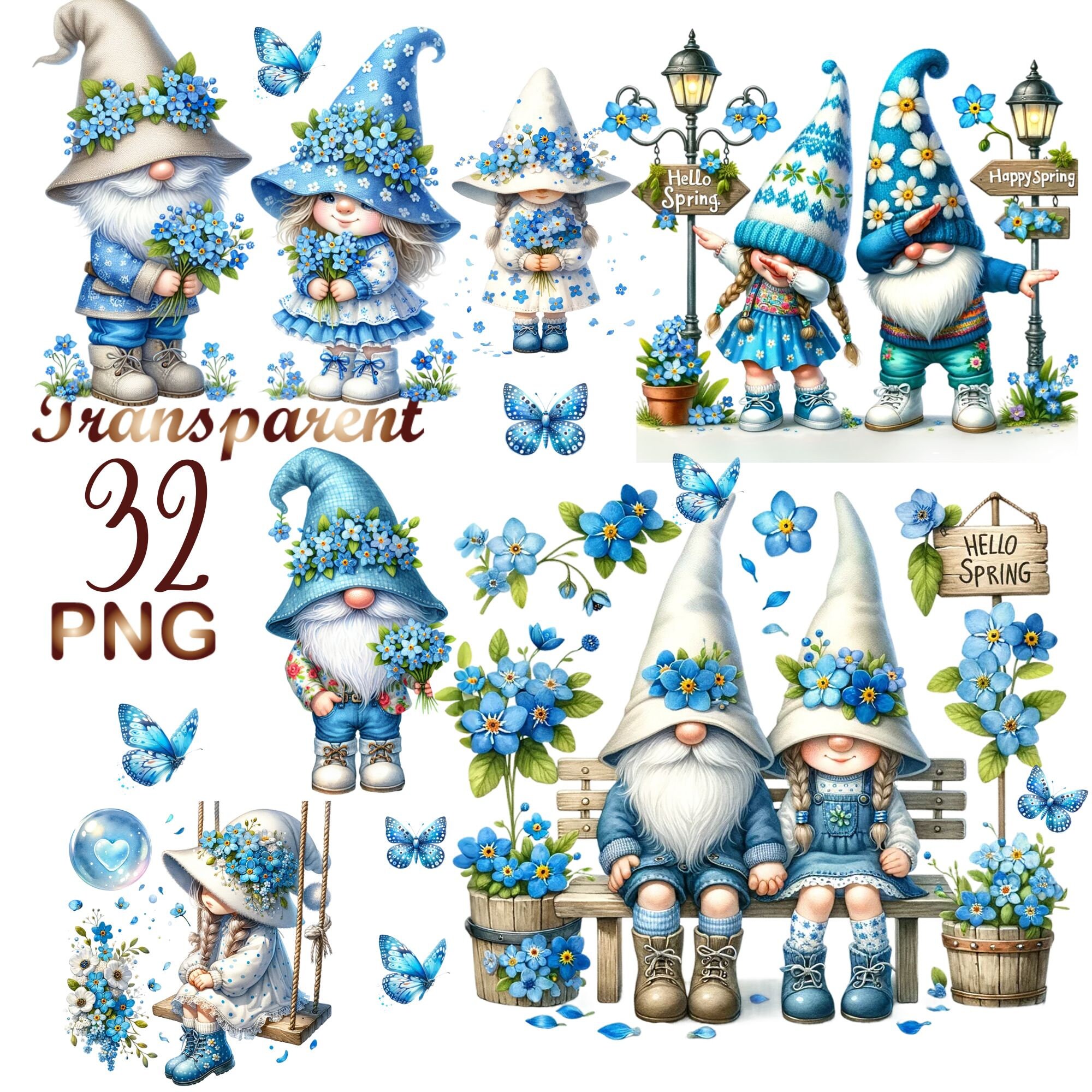 32 PNG, Hello Spring Gnome Clipart Bundle, Floral Gnome Graphics Set ...