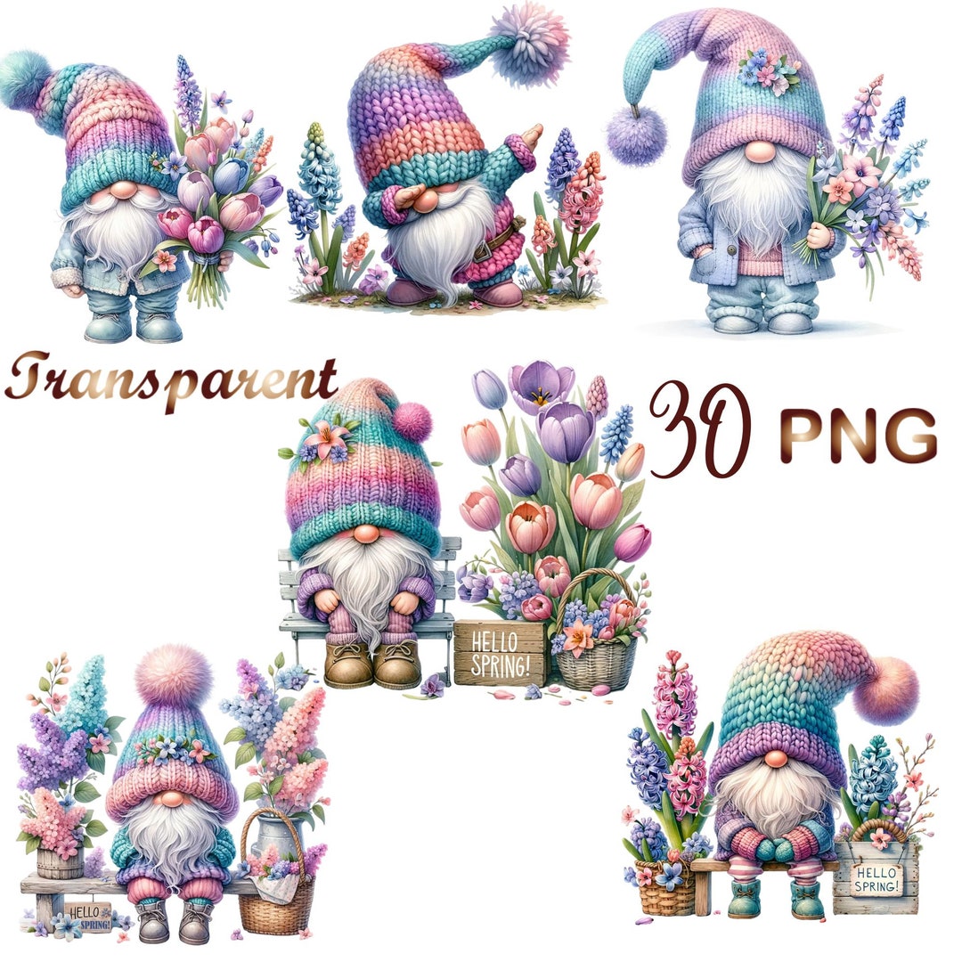 30 PNG, Watercolor Spring Gnome Clipart Bundles, Gnome With Flowers ...