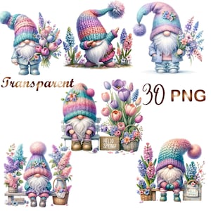 30 PNG, Watercolor Spring Gnome Clipart Bundles, Gnome With Flowers ...