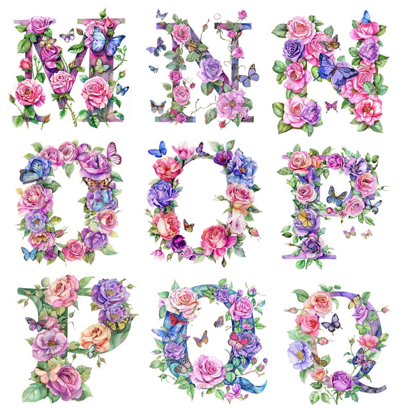 36+ PNG, Watercolor Rose Alphabet Collection Clipart, Roses Butterflies ...