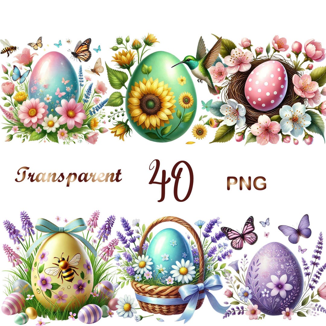 40 PNG Easter Eggs Clipart Bundle, Easter Flowers Clipart, Easter Eggs ...