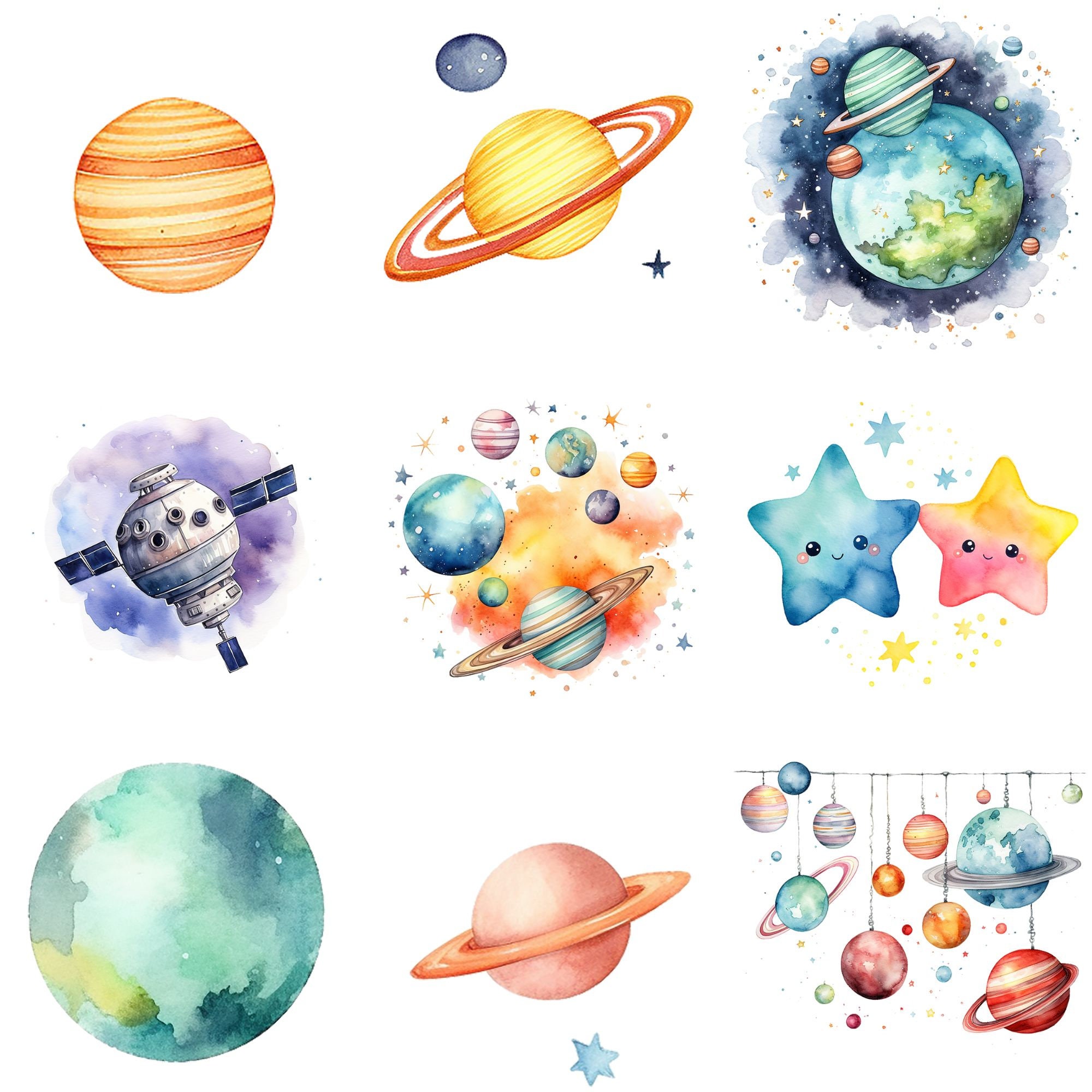 70 Watercolor Space Clipart Bundle, PNG, Sun Watercolor Clipart ...