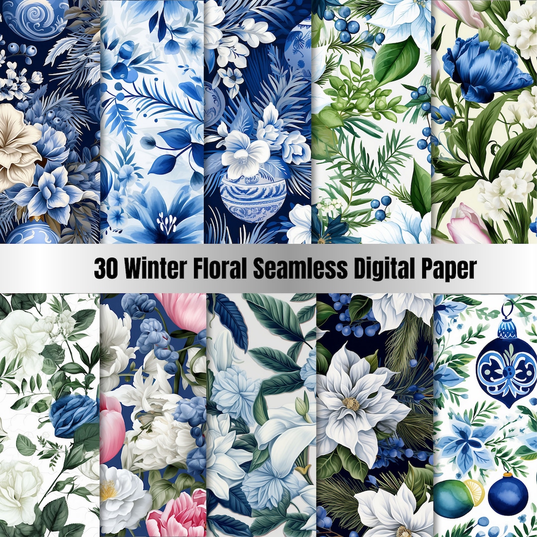 30 Seamless Winter Floral Digital Paper Pack, Snowy Flowers Repeating ...