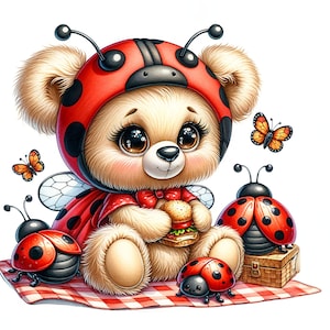 25 PNG, Watercolor Ladybug Teddy Bear Clipart Bundle, Teddy Bear ...