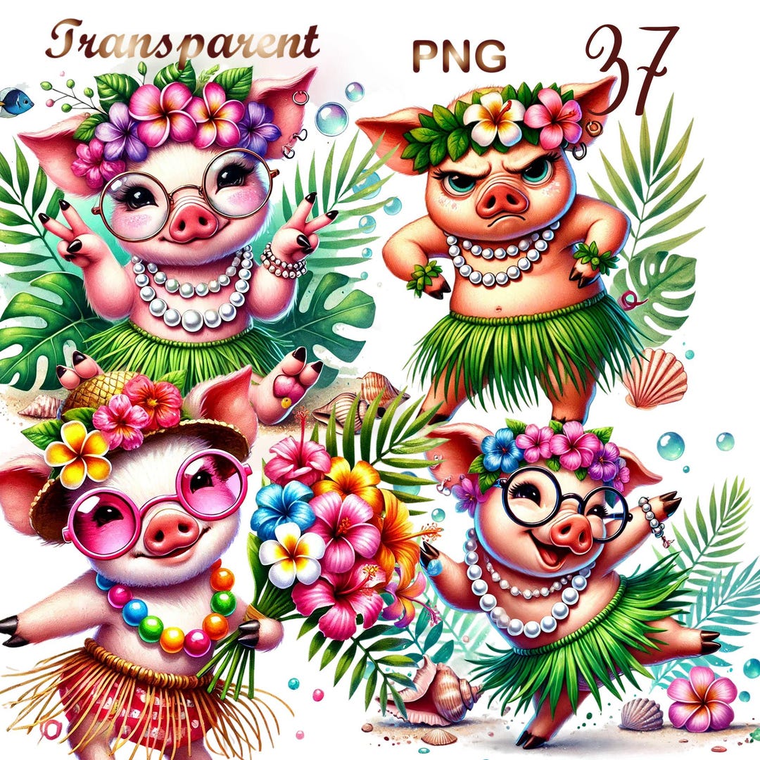 37 PNG Hula Pigs Clipart Bundle,tropical Pig Graphics Designs,hawaii ...