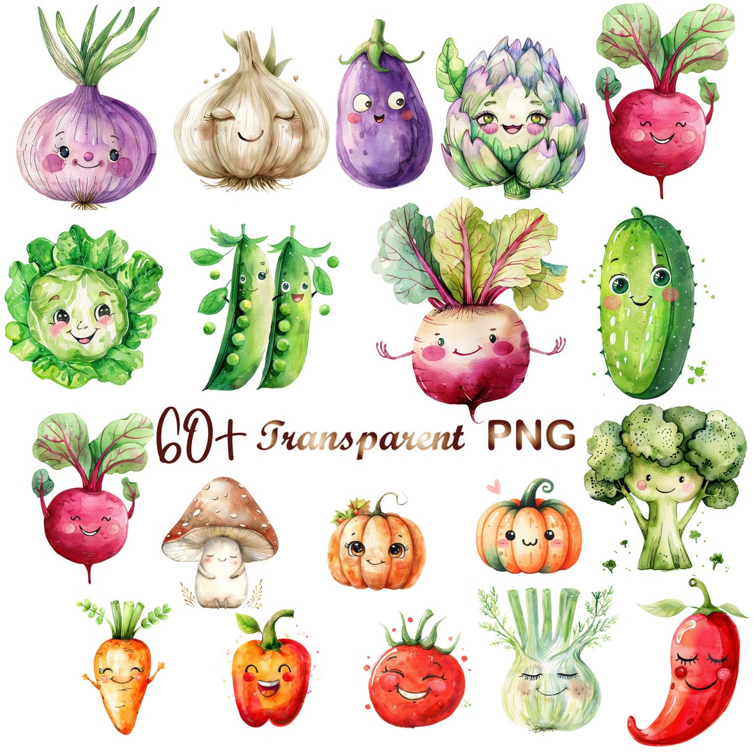 60+PNG, Vegetable Clipart Bundle, Watercolor Cute Vegetable Clipart ...