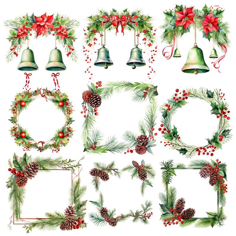 25 Watercolor Christmas Frames Clipart, Merry Christmas Holiday Wreath ...