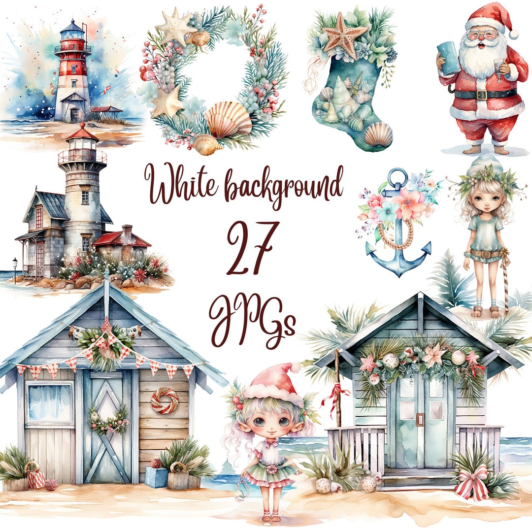 27 Watercolor Christmas Beach Clipart Jpgs, Digital Download, Christmas ...