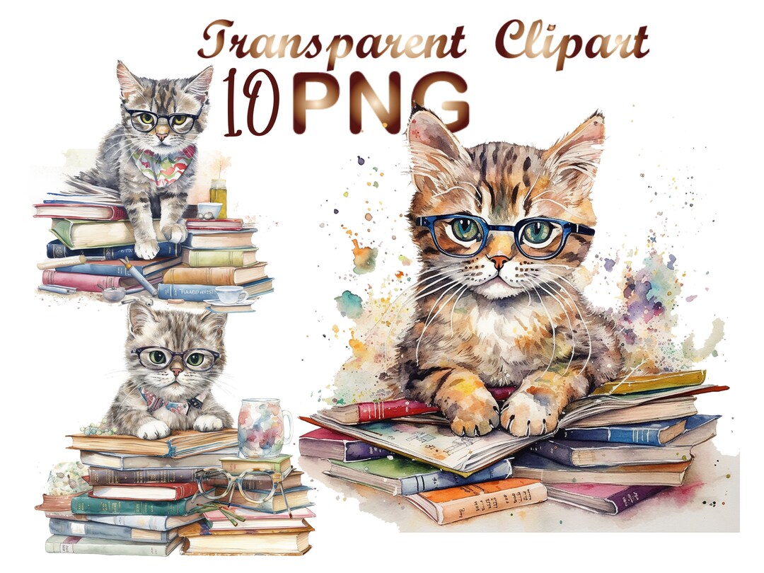 10 Kitten in a Library Png Watercolor Kitten Clipart Cat - Etsy