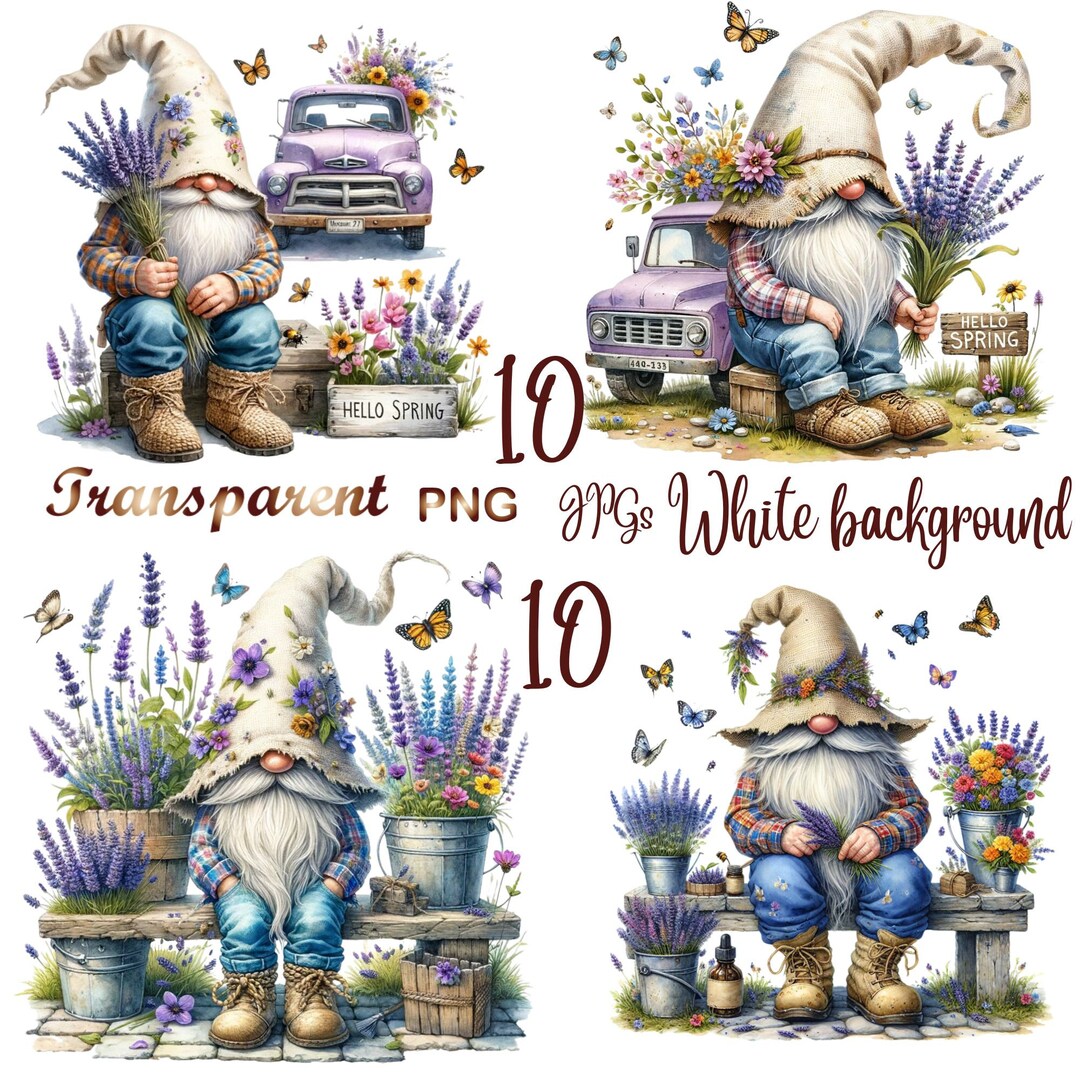 10 PNG/JPG Spring Gnome Bundle Clipart, Garden Gnome Clipart Bundle ...