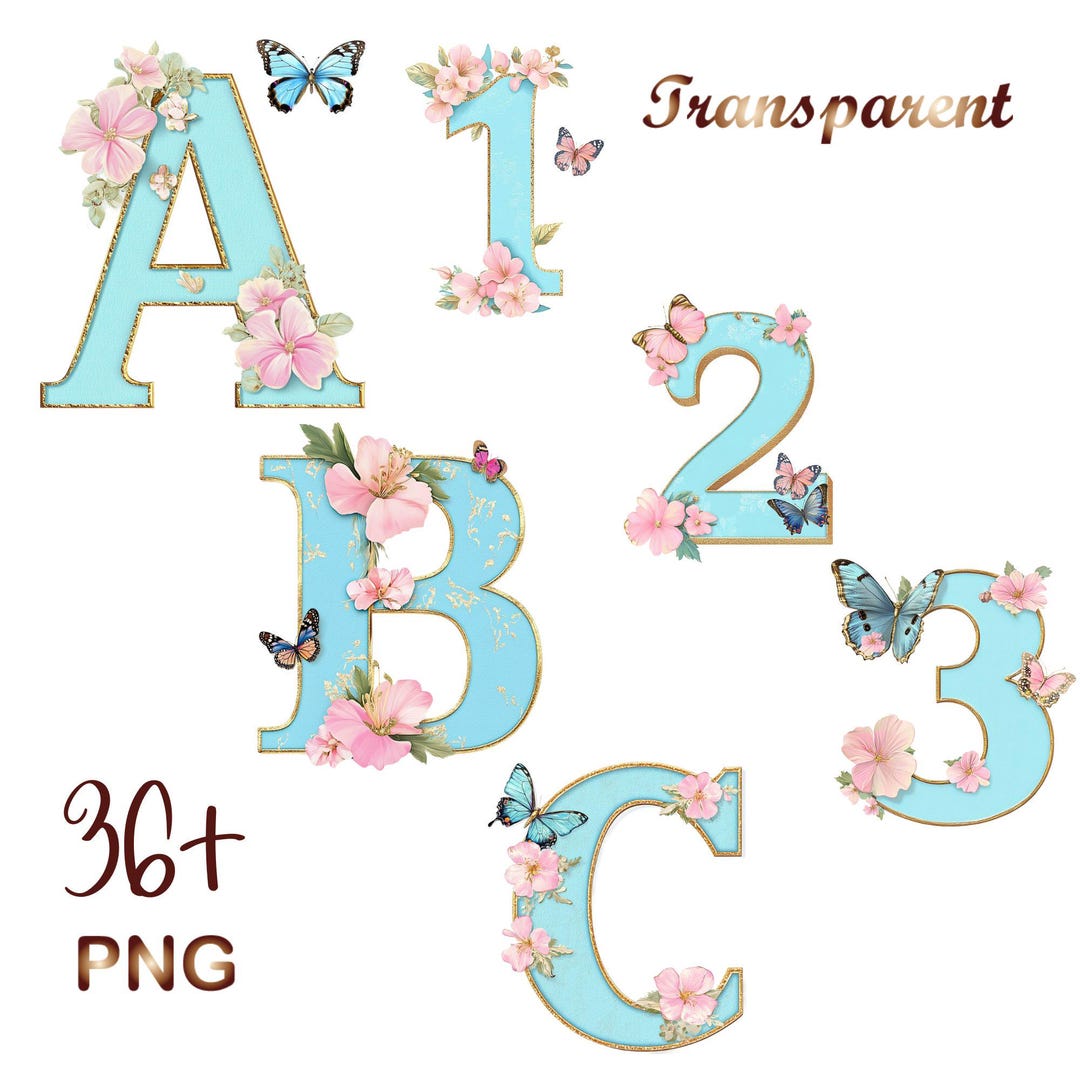 36+ PNG, Watercolor Blue Floral Alphabet Collection Clipart, Alphabet ...