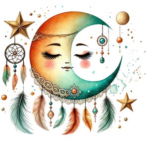 25 JPG Watercolor Boho Moon Clipart Bundle, Watercolor Mystical Floral Moons Clipart, Moons Boho ...
