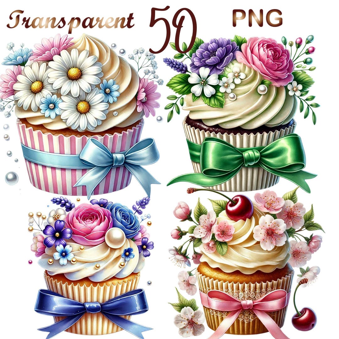 50 PNG Flowers Cupcake Clipart Bundle, Spring Dessert Cupcake Graphics ...