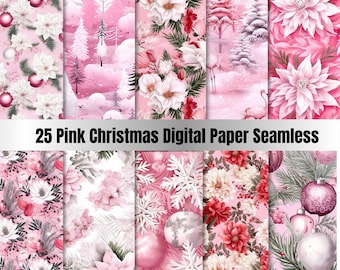 Printable Pink Christmas Digital Paper, Pastel Christmas Ephemera ...