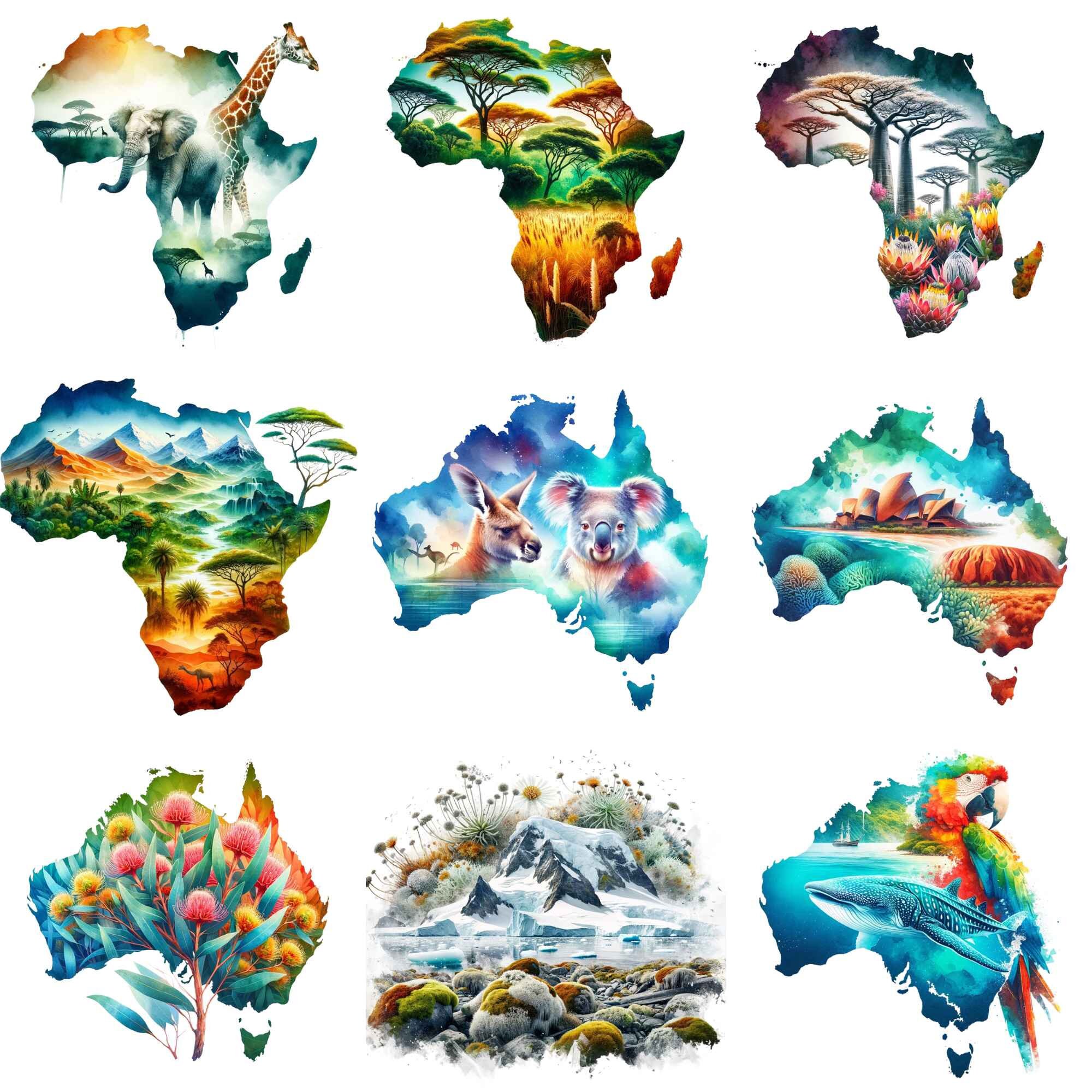 36 Continent Clipart Bundle, Continent Art, Continent Map, Continent ...