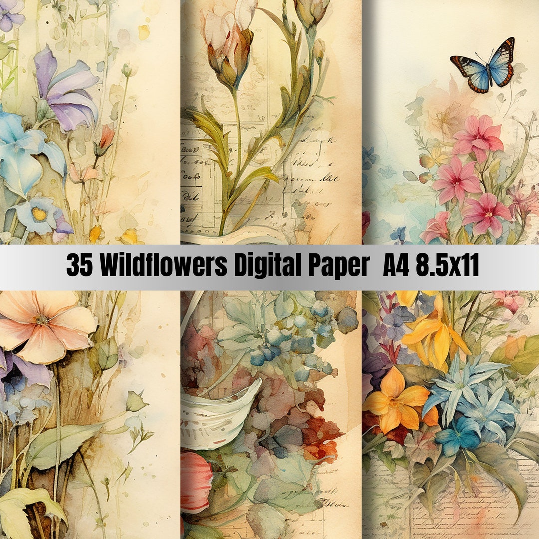 35 Wildflowers Digital Paper Set A4, Spring Flowers Junk Journal Paper ...