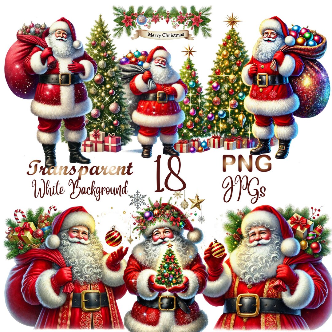 18 PNG and JPG, Santa Claus Clipart Bundle, Festive Santa Graphics ...