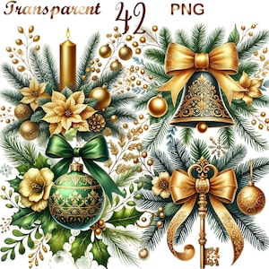 42 PNG Golden Christmas Decor Clipart Bundle,set1,holiday Decoration ...