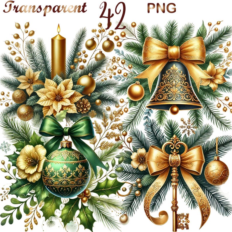 42 PNG Golden Christmas Decor Clipart Bundle,set1,holiday Decoration ...