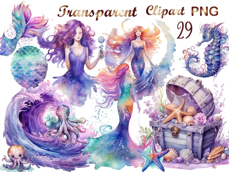 127 PNG, Watercolor Mermaid Clipart Bundle, Mermaid Png, Little Mermaid ...
