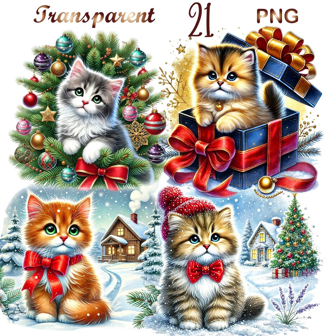 21 PNG Set 8 Christmas Kitten Clipart Bundle, Meowy Christmas Clipart ...