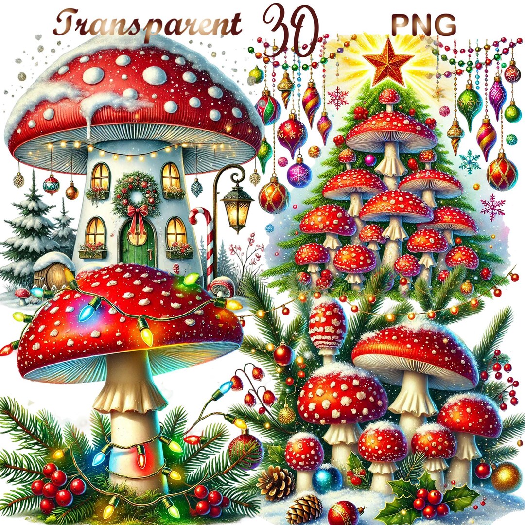 30 PNG Christmas Mushrooms Clipart Bundle, Festive Mushroom ...