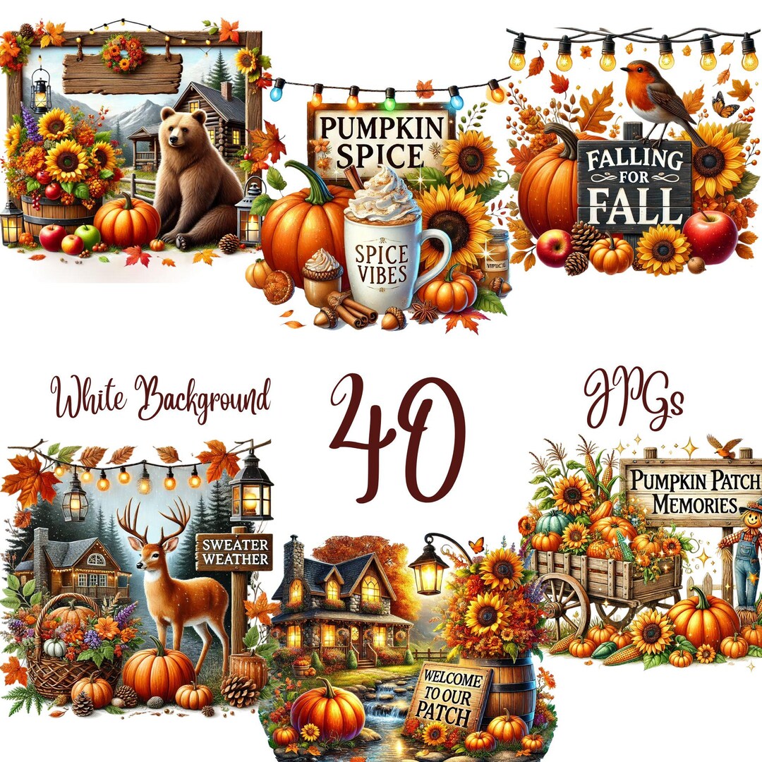 40 Jpgs, Autumn Signs Clipart Bundle, Fall-themed Sign Illustrations ...