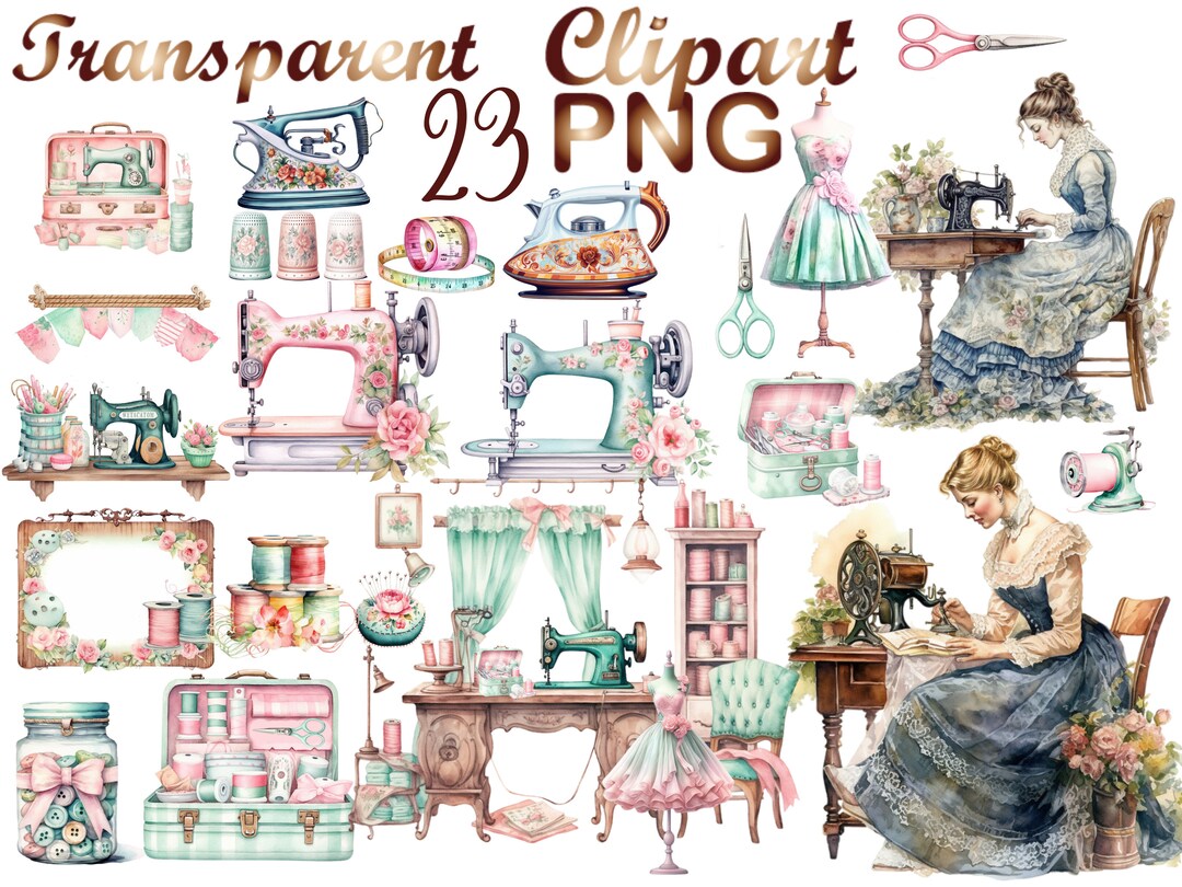 23 Watercolor Vintage Sewing Clipart PNG, Sewing Machine PNG, Digital ...