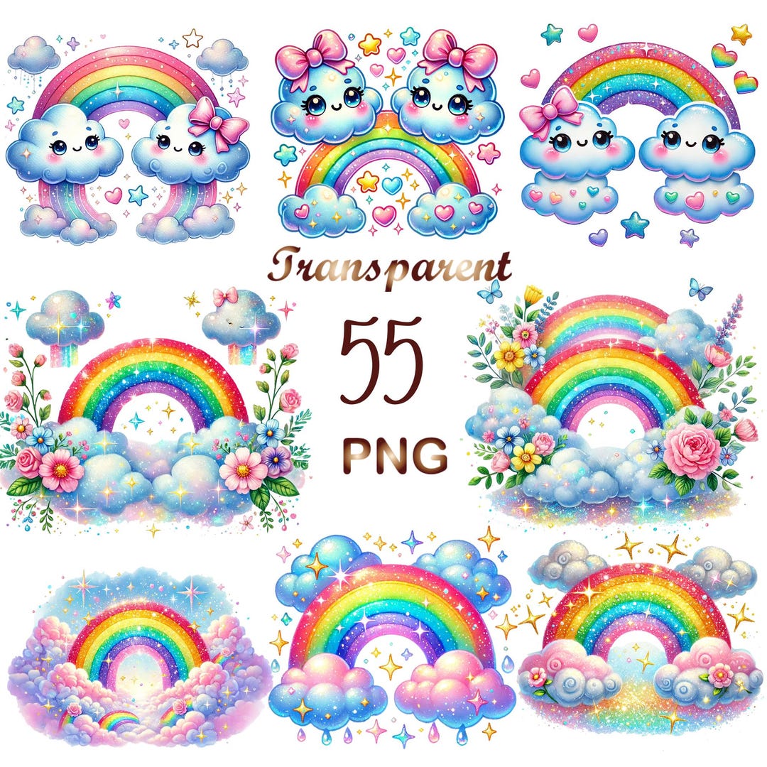 55 PNG, Rainbows Clipart Bundle, Cute Rainbow Clipart, Floral Rainbow ...