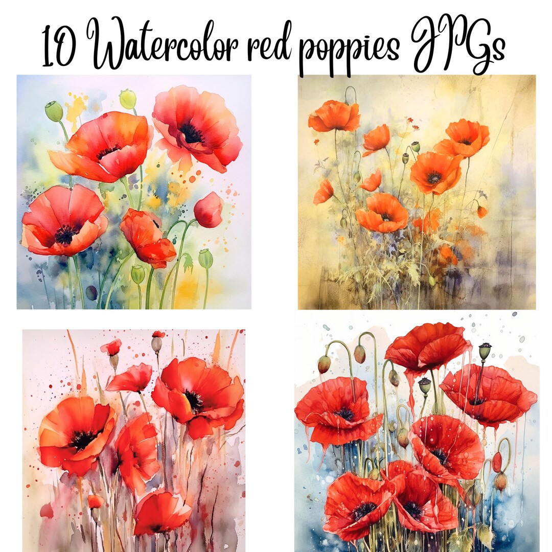 10 Watercolor Red Poppies Jpgs, Watercolor Red Poppies Clipart Bundle ...
