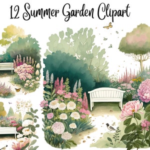 12 Jpgs, Watercolor Garden Clipart Bundle, Summer Garden Clipart ...