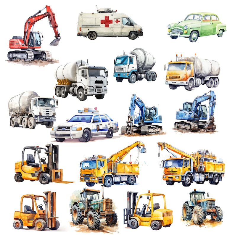 Watercolor Construction Vehicle Clipart: 65 PNG Illustrations ...