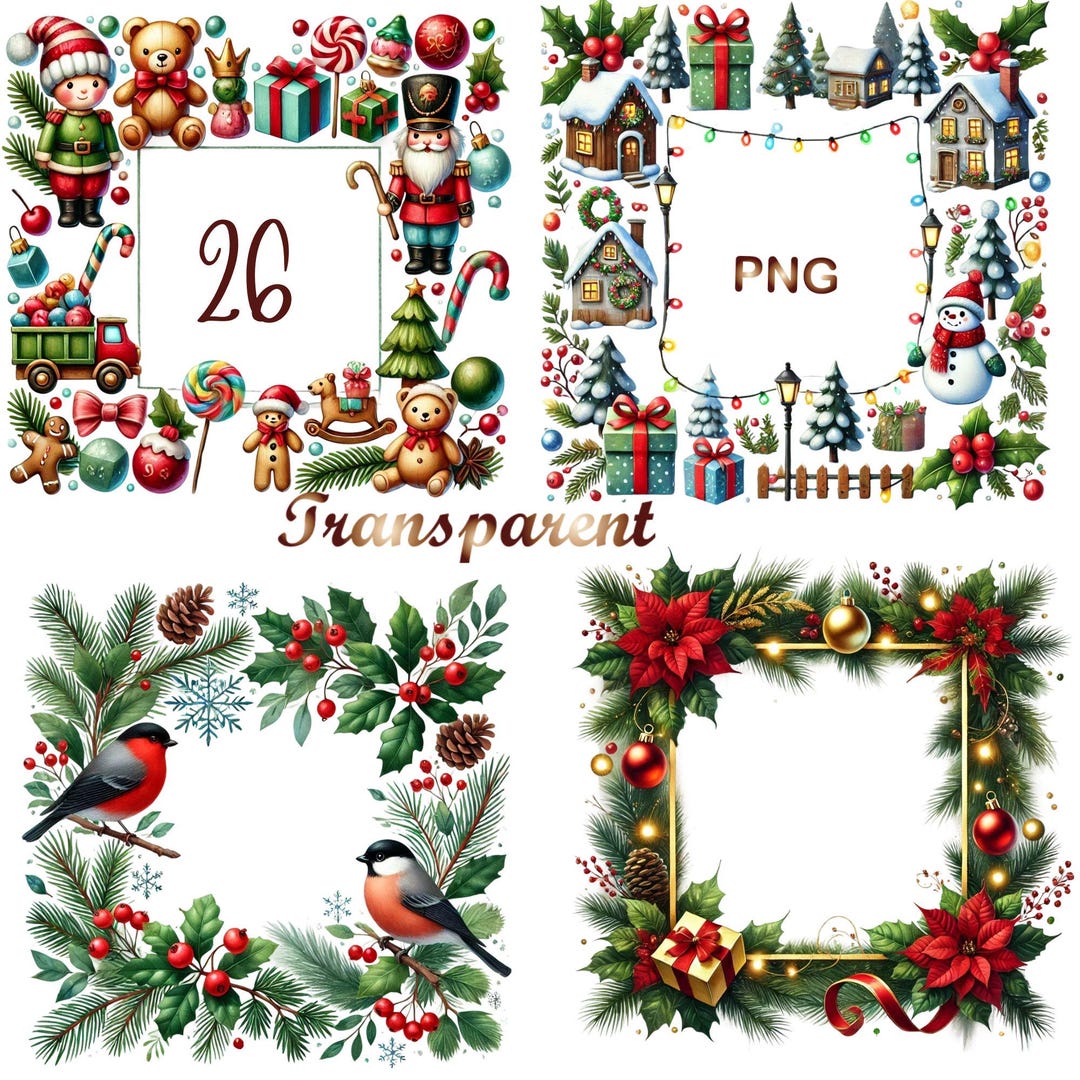 26 PNG Christmas Frames Clipart Bundle, Holiday Festive Border Graphics ...