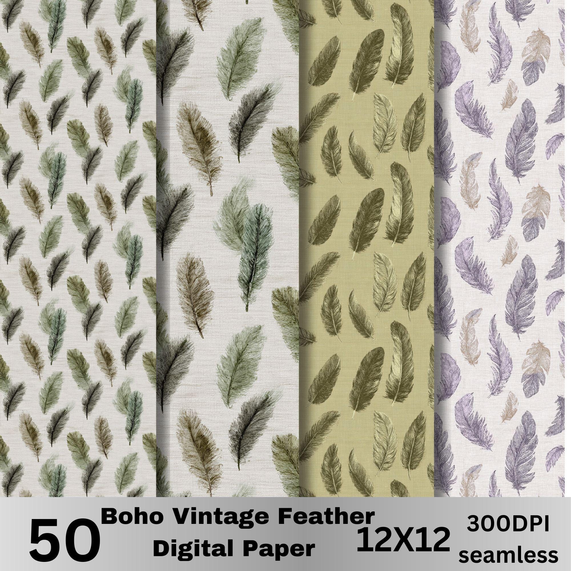50 Boho Vintage Feather Digital Paper, Watercolor Fabric Textures ...
